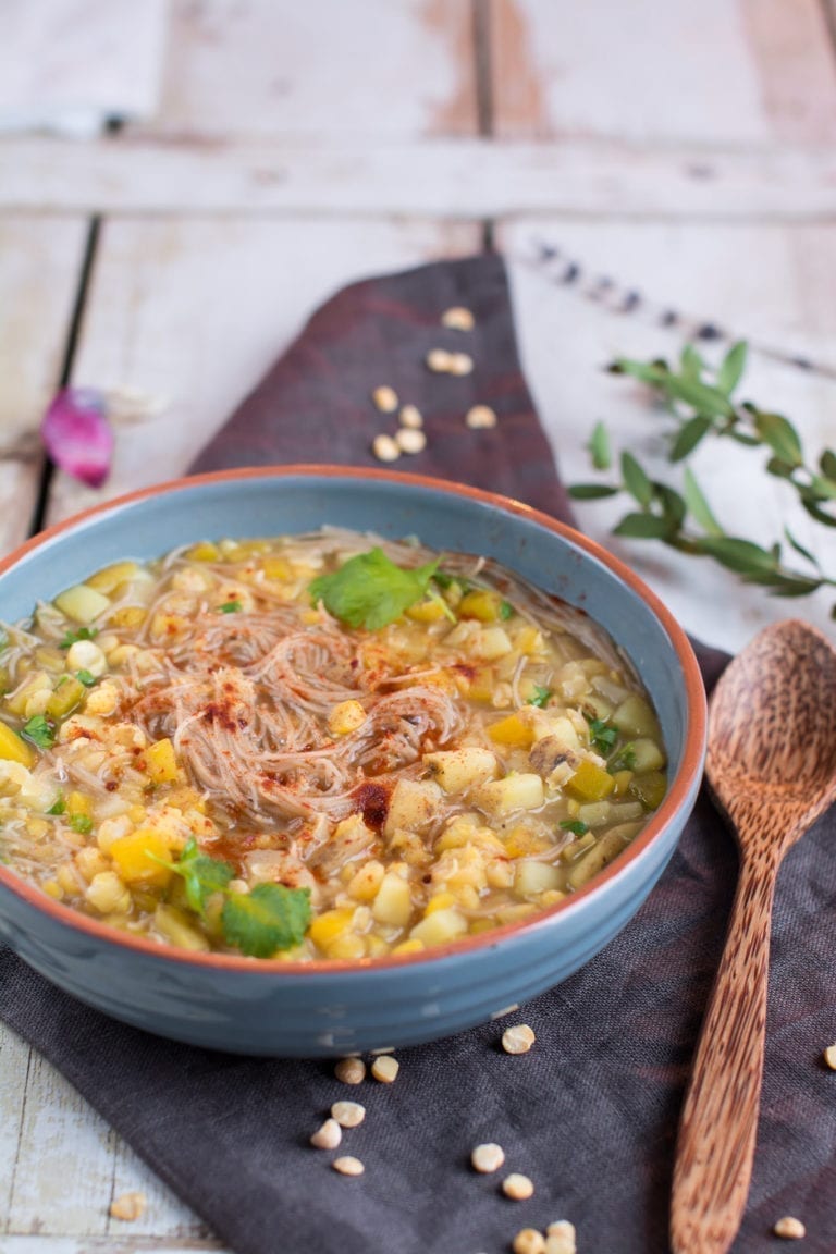 Smoky Split Pea Soup with Rice Noodles, Vegan | Nutriplanet