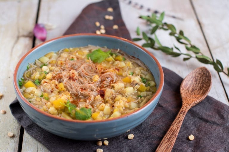 Smoky Split Pea Soup with Rice Noodles, Vegan | Nutriplanet